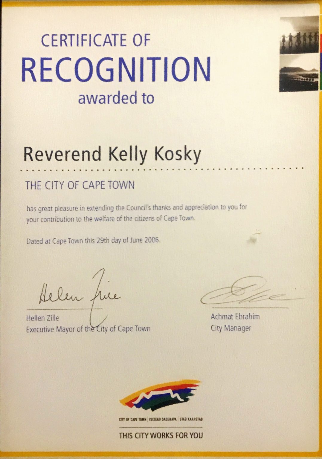City of Cape Town – Certificate of Recognition | Kelly Kosky is a Hero