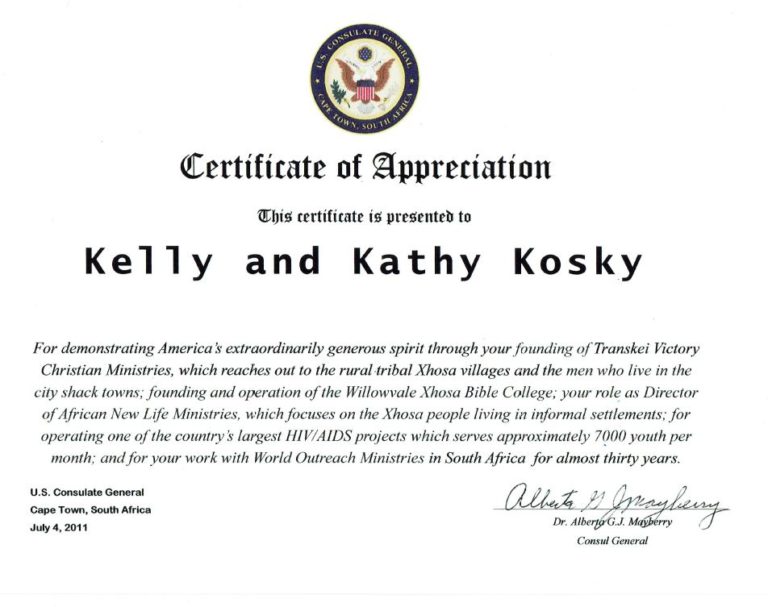 US State Department – Certificate of Appreciation | Kelly Kosky is a Hero
